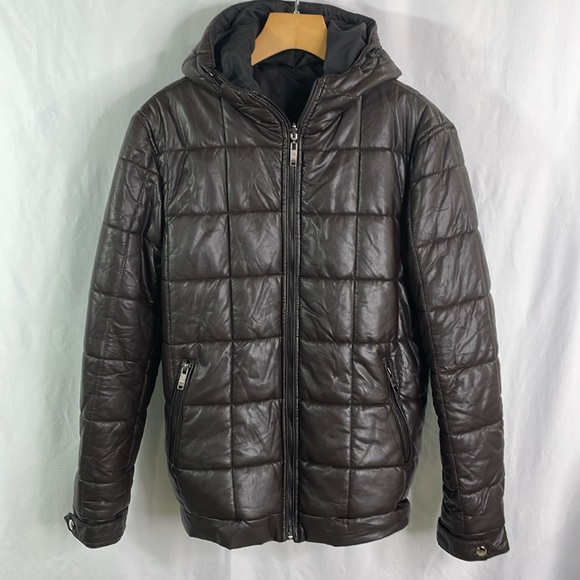 engine | Jackets & Coats | Engine Brown Faux Leather Quilted Hooded ...